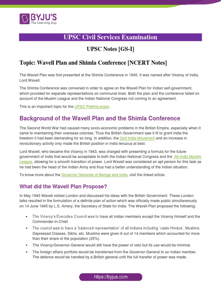 UPSC Civil Services Examination: UPSC Notes (GS-I) Topic: Wavell Plan ...