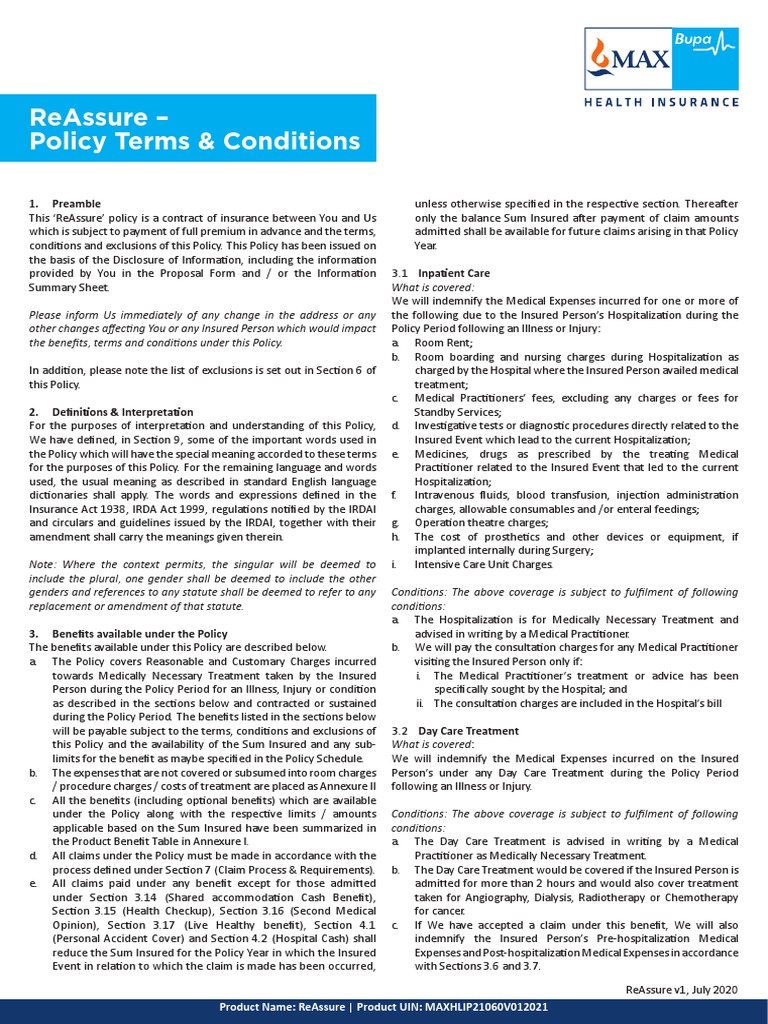 ReAssure Policy Terms and Benefits | PDF | Insurance | Hospital