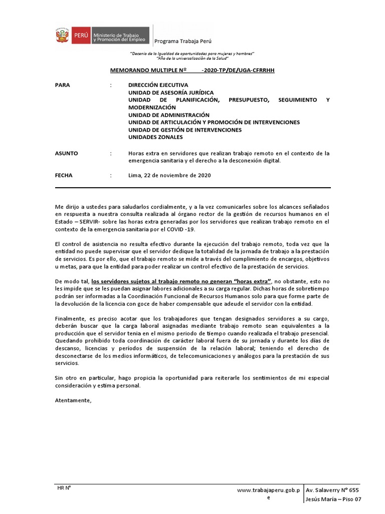 MEMO MULTIPLE Horas Extra en Servidores Que Realizan Trabajo Remoto en ...