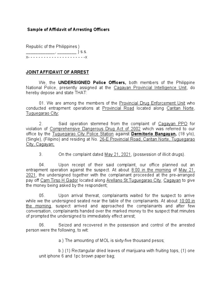 Sample of Affidavit of Arresting Officers | PDF | Affidavit | Public Law