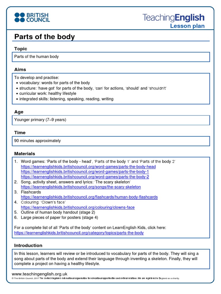 Teaching Kids Lesson Plan Parts of The Body v2 | PDF | Vocabulary ...