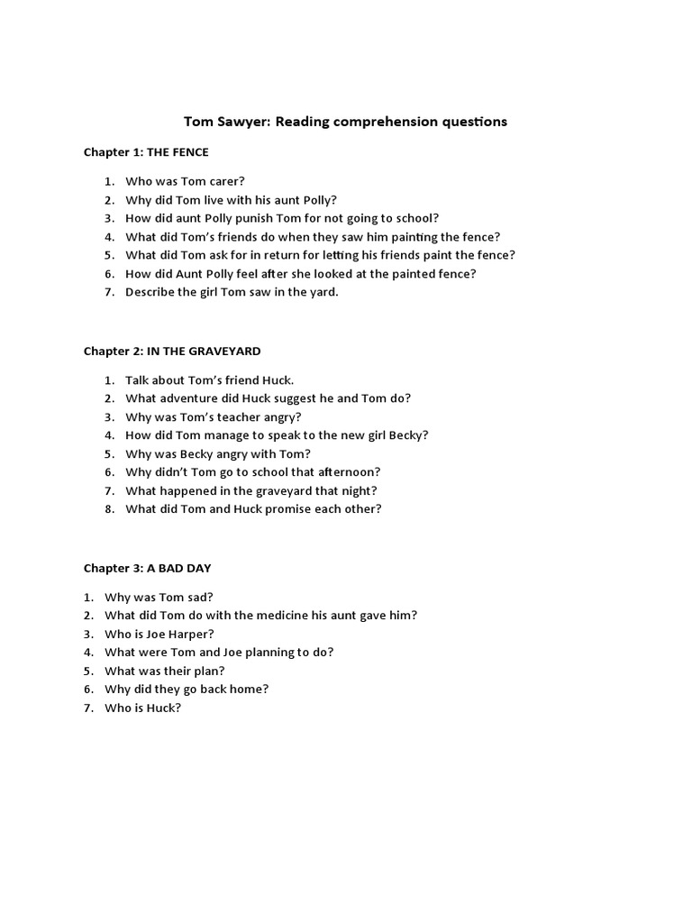 Tom Sawyer: Reading Comprehension Questions: Chapter 1: THE FENCE | PDF