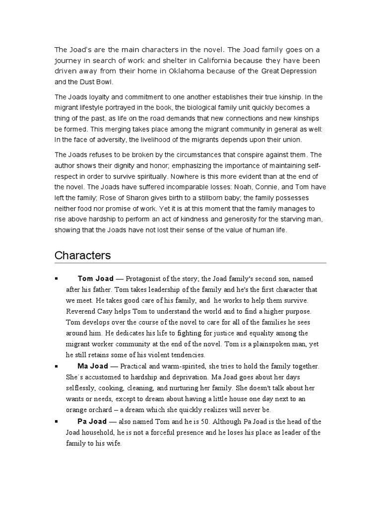 Characters: Tom Joad - Protagonist of The Story The Joad Family's ...