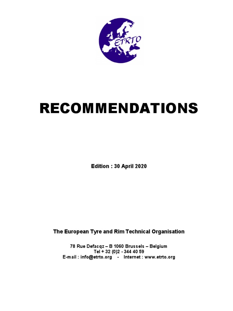 Etrto Recommendations Edition 30 April 2020 | PDF | Tire | Ozone