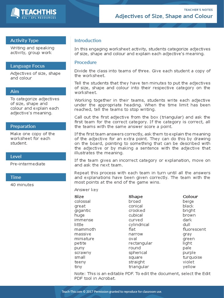 Adjectives of Size Shape and Colour | Download Free PDF | English As A ...