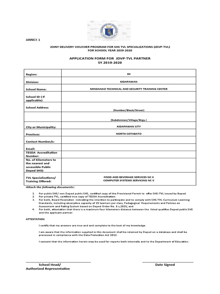 Application Form For JDVP-TVL Partner SY 2019-2020: Annex 1 | PDF ...