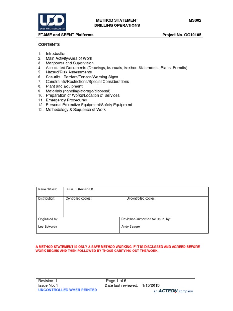 Method Statement Drilling Operations MS002: Uncontrolled When Printed ...
