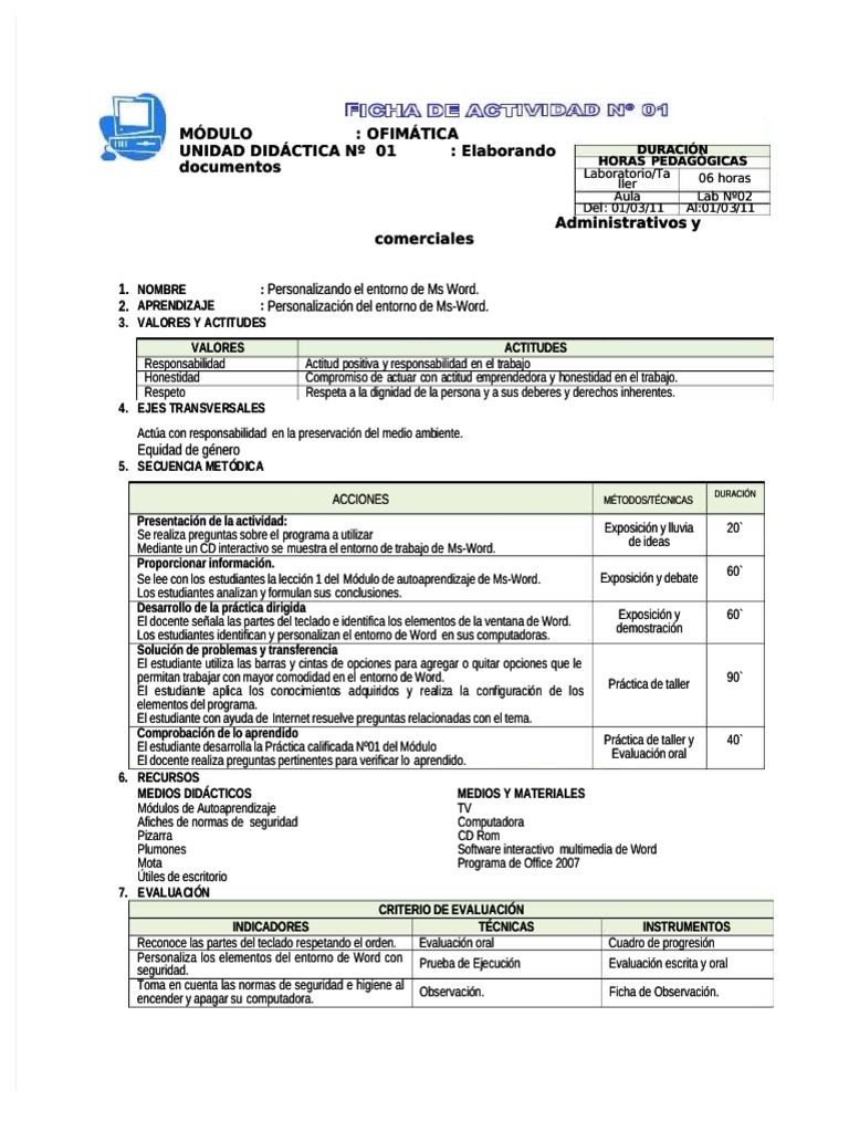 PDF Fichas de Actividad Del Modulo de Ofimatica DL | PDF | Pedagogía | Modificación de ...