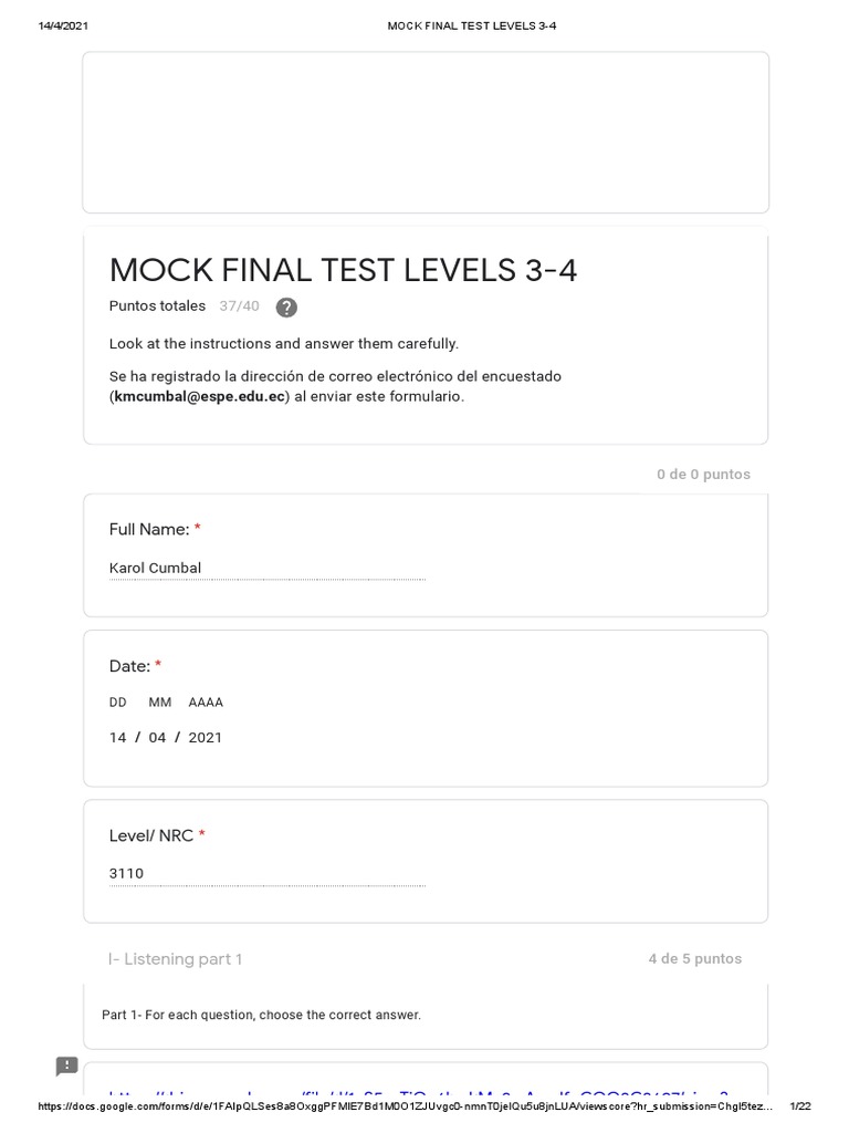 Mock Final Test Levels 3-4 | PDF