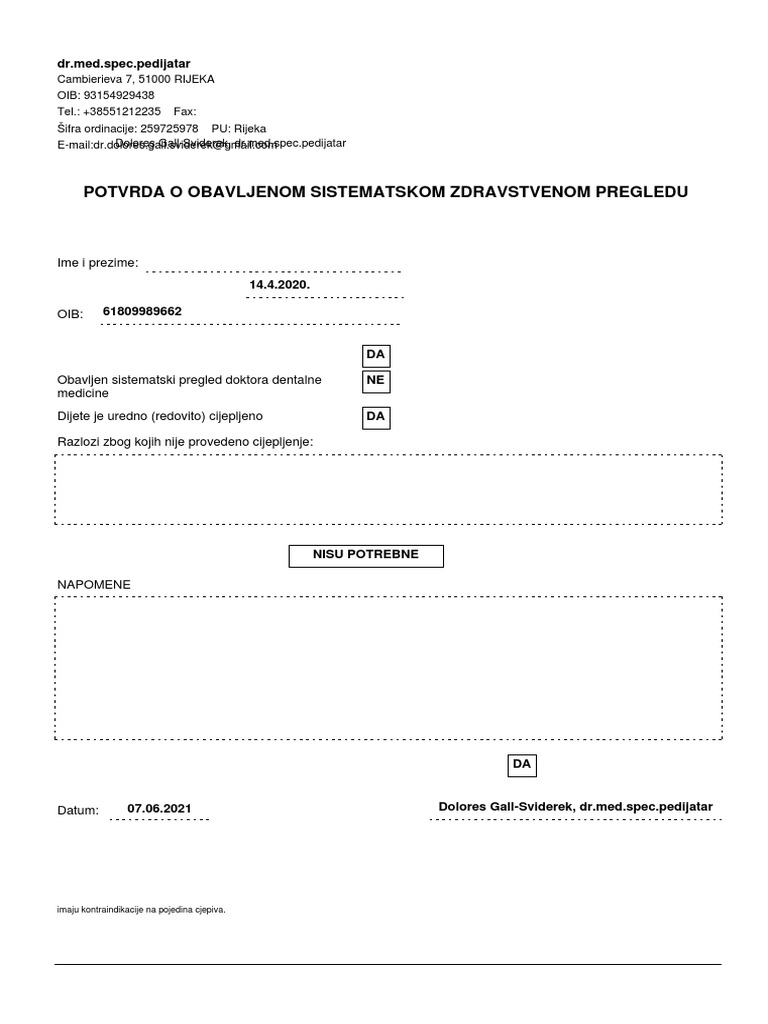 Potvrda Za Vrtić Matej Jakić | PDF