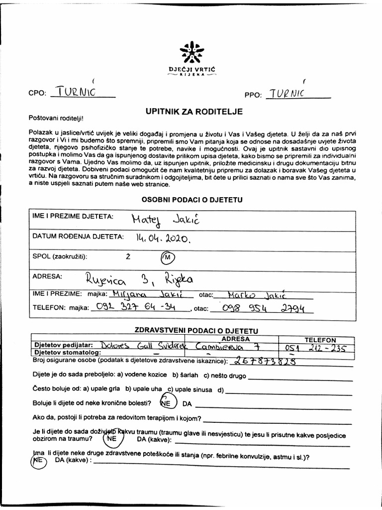 Upitnik Za Roditelje | PDF