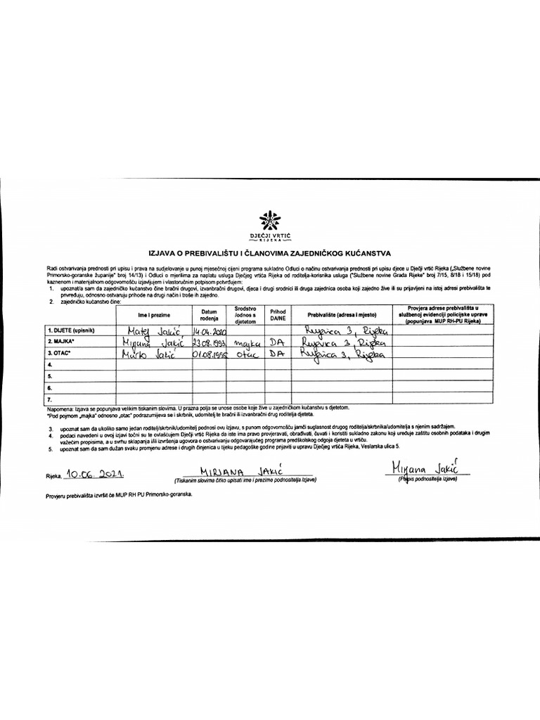 Izjava o Članovima Zajedničkog Kućanstva | PDF