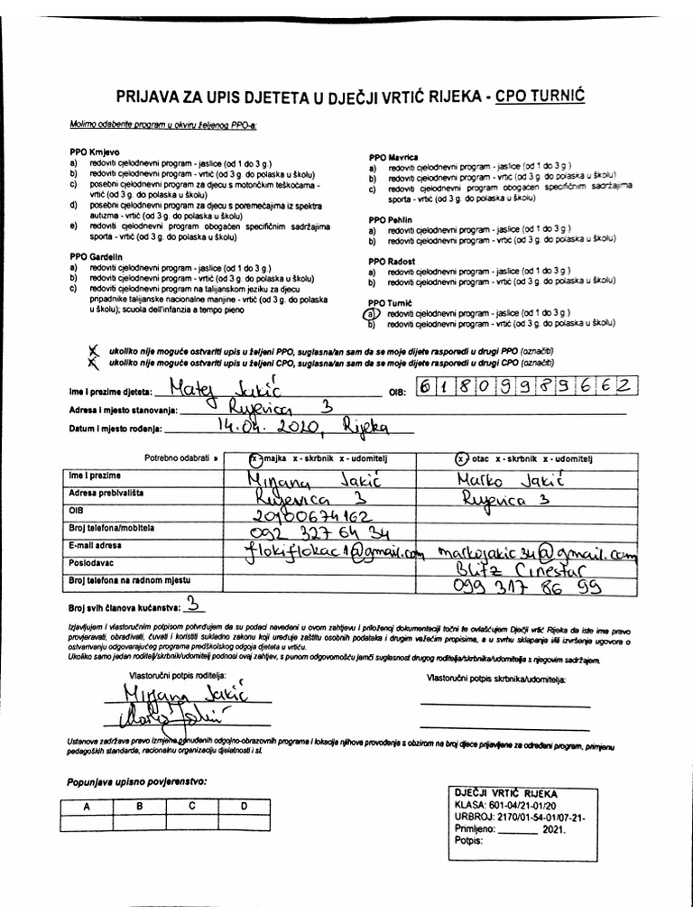 Prijava Za Upis Djeteta U Dječji Vrtić | PDF