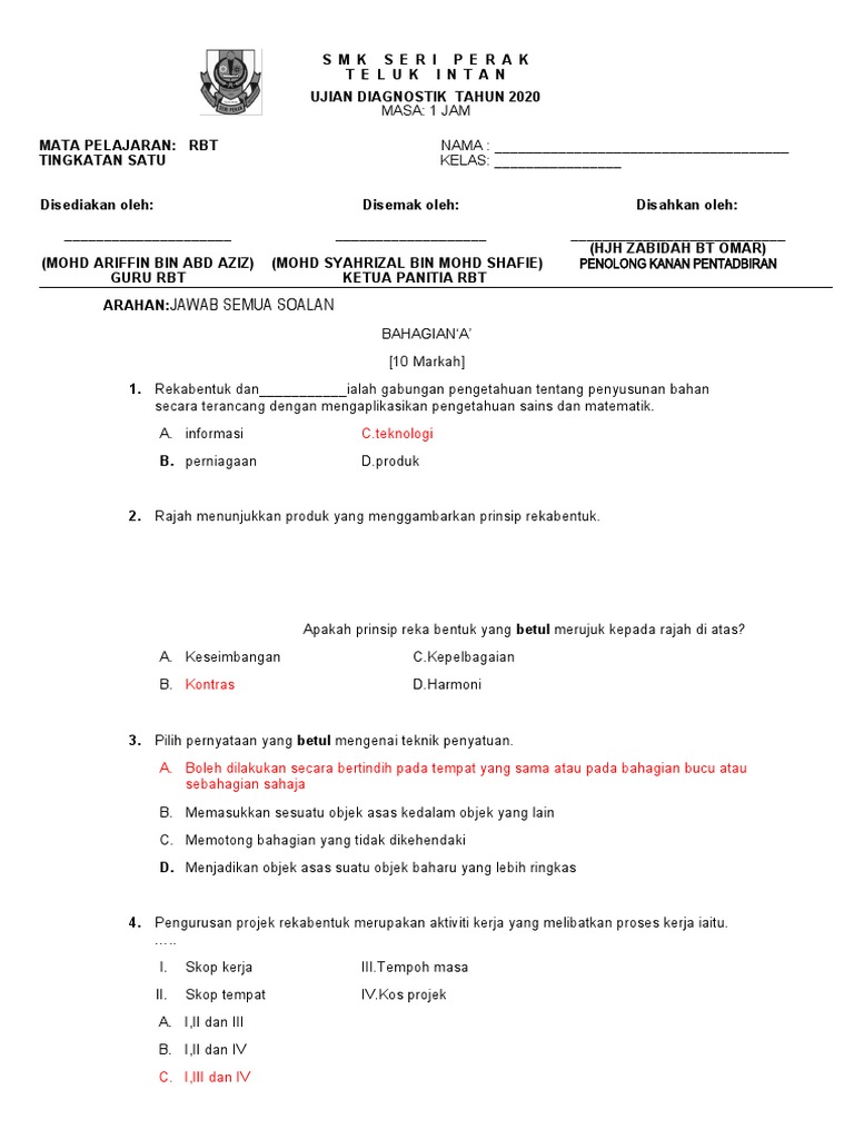 Skema Jawapan Diagnostik-Rbt Form 1 Mid 2020 | PDF