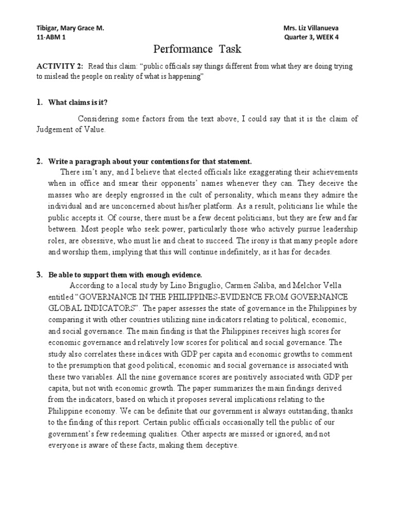 Tibigar. Performance Task Week 4 | PDF | Economic Growth | Economies