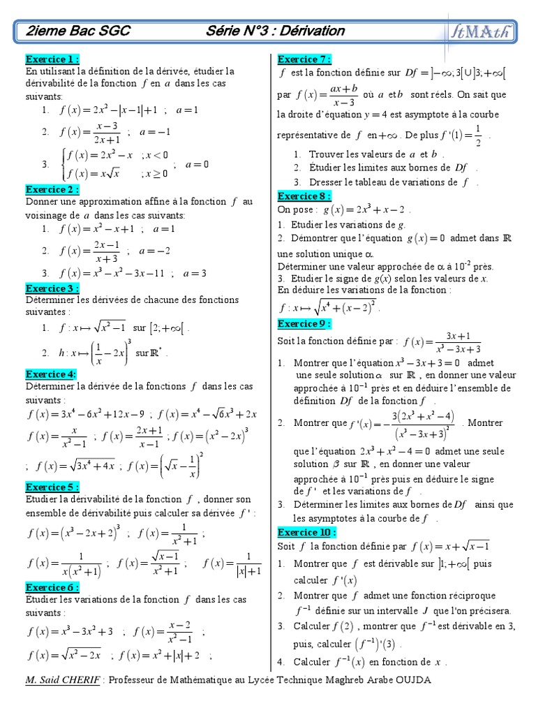 Exercices de Dérivation pour Lycéens | PDF | Fonction (Mathématiques) | Relations mathématiques