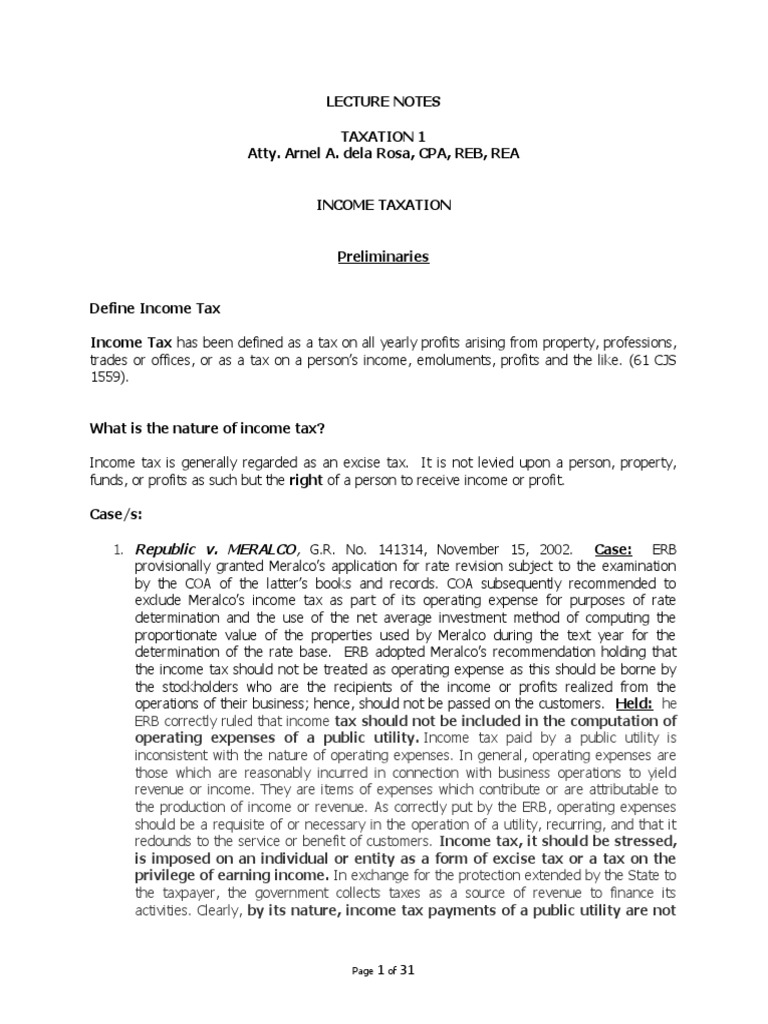 Lecture Notes Taxation 1 Atty. Arnel A. Dela Rosa, CPA, REB, REA | PDF ...