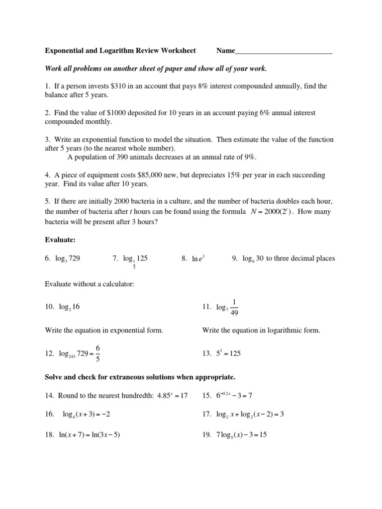 Exponential and Logarithm Review Worksheet-1 | PDF | Logarithm ...