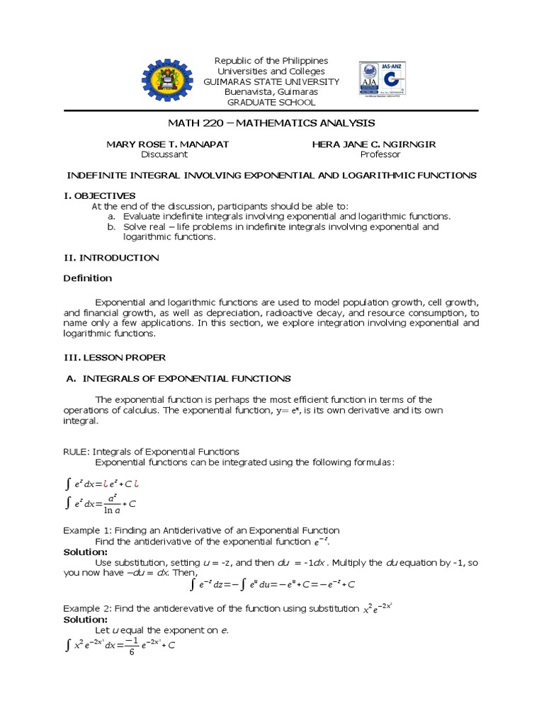 Math-220 - Indefinite Integrals Involving Logarithmic and Exponential Functions - Manapat, Mary ...