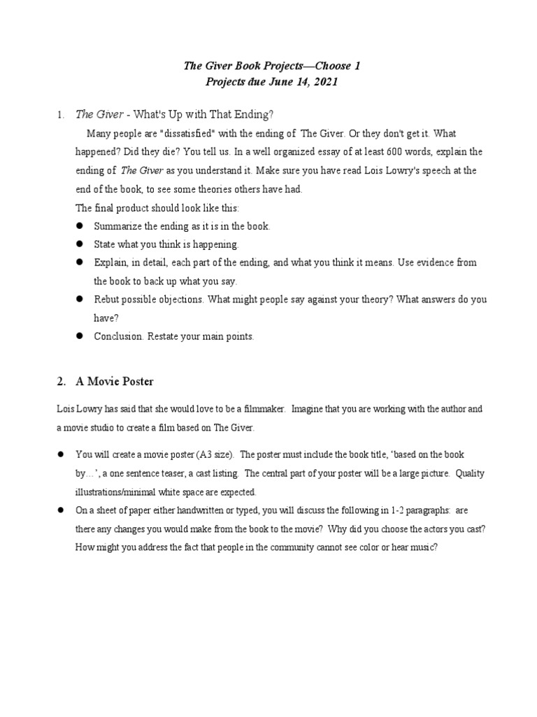 The Giver Book Projects | PDF | The Giver | Utopia