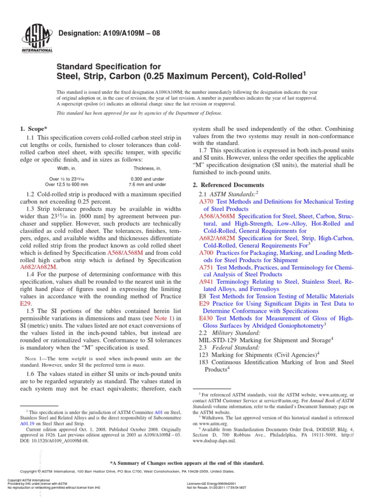 Astm A109 A109m-08 | PDF | Rolling (Metalworking) | Annealing (Metallurgy)