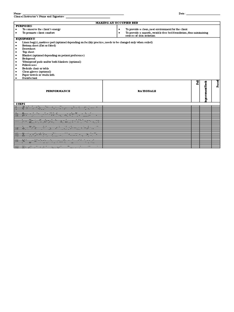 Checklist - Making An Occupied Bed | PDF | Bed | Bedding