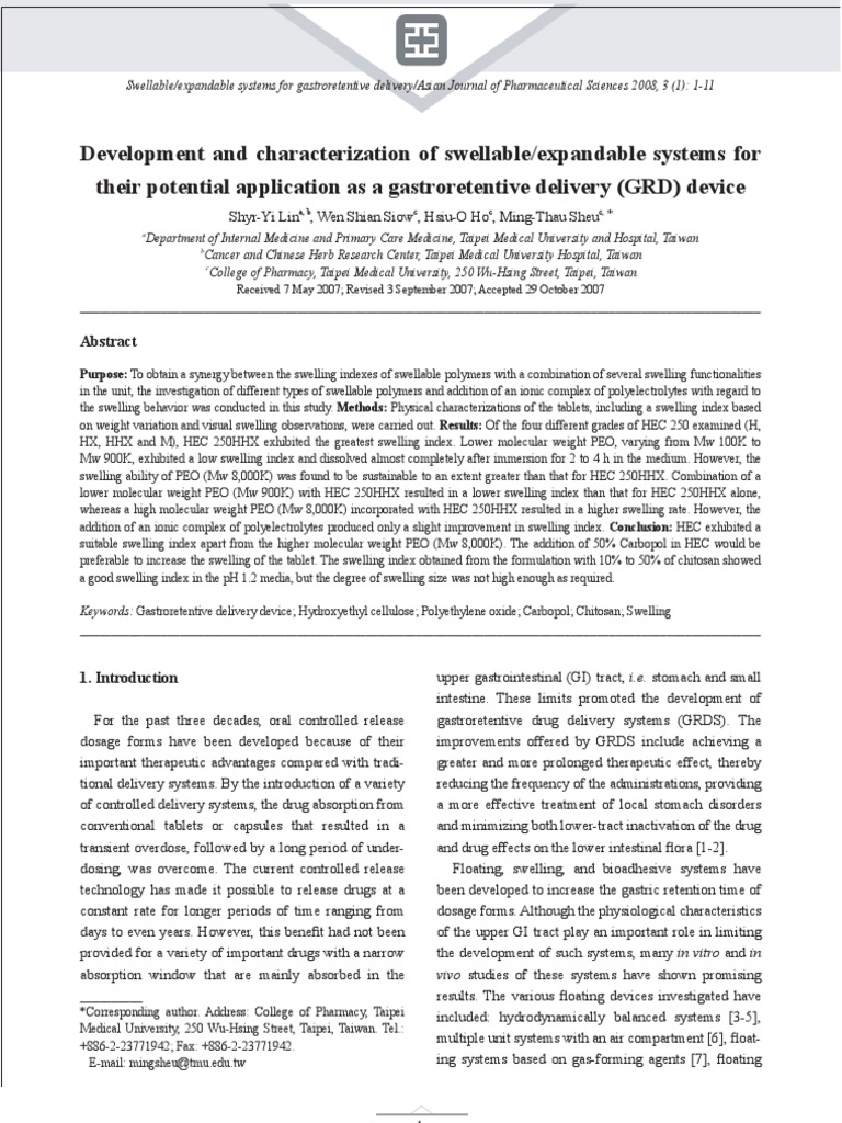 Development and Characterization of Swellable/expandable Systems For ...