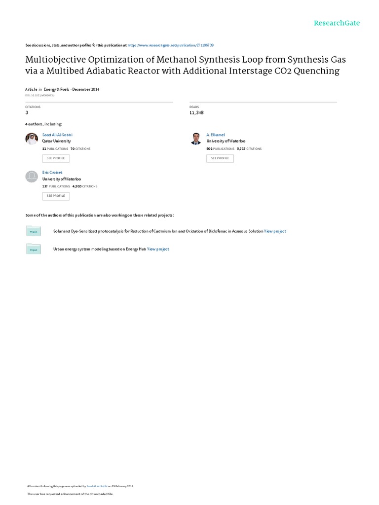 Multiobjective Optimization of Methanol Synthesis Loop From Synthesis Gas Via A Multibed ...