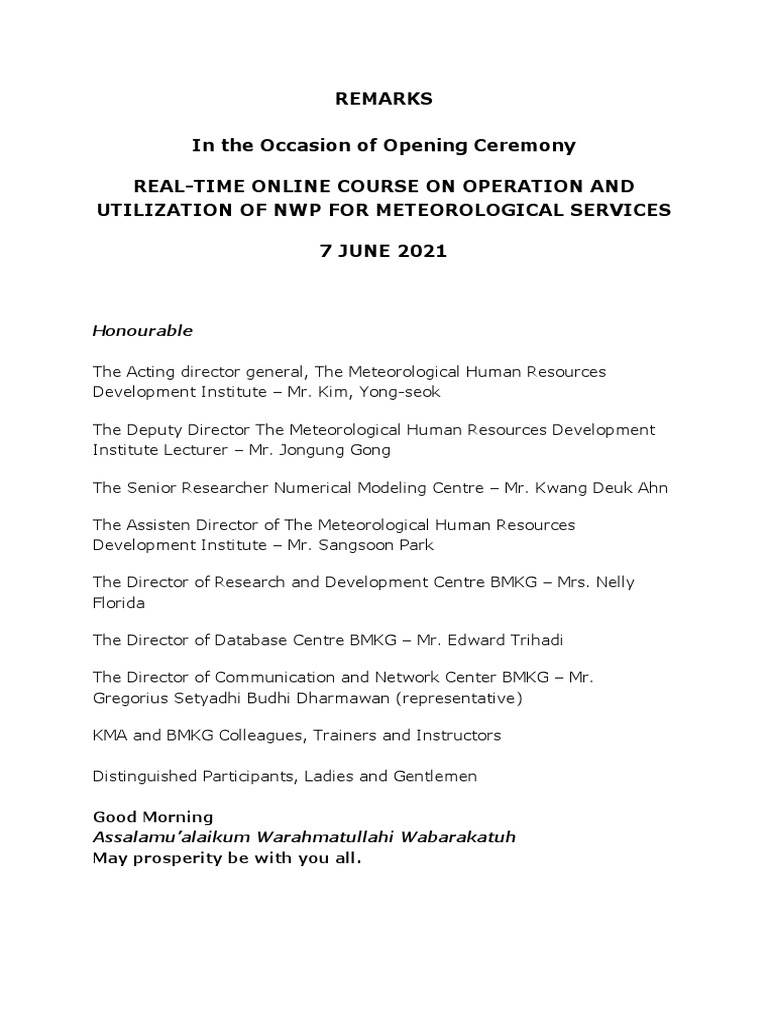 WELCOMING SPEECH NWP Traning KMA 2021 Edit Amel Revisi | PDF | Numerical Weather Prediction ...