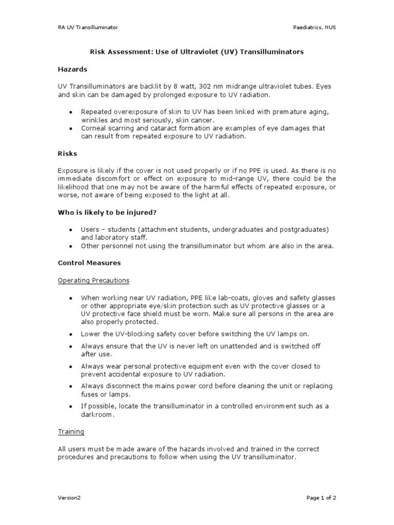 Risk Assessment: Use of Ultraviolet (UV) Transilluminators Hazards ...