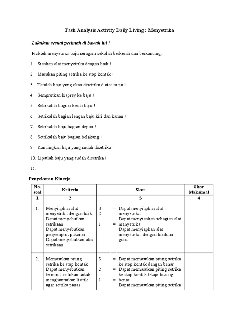 Task Analysis Activity Daily Living | PDF