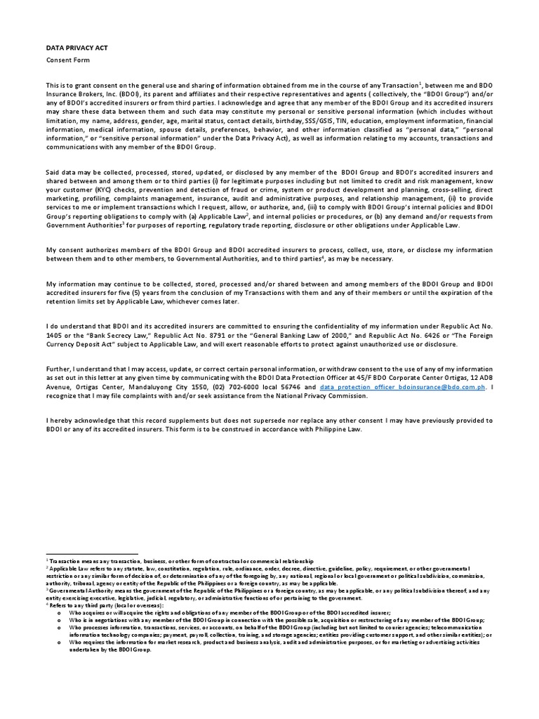DPA Consent Form - Sample | PDF | Privacy | Insurance