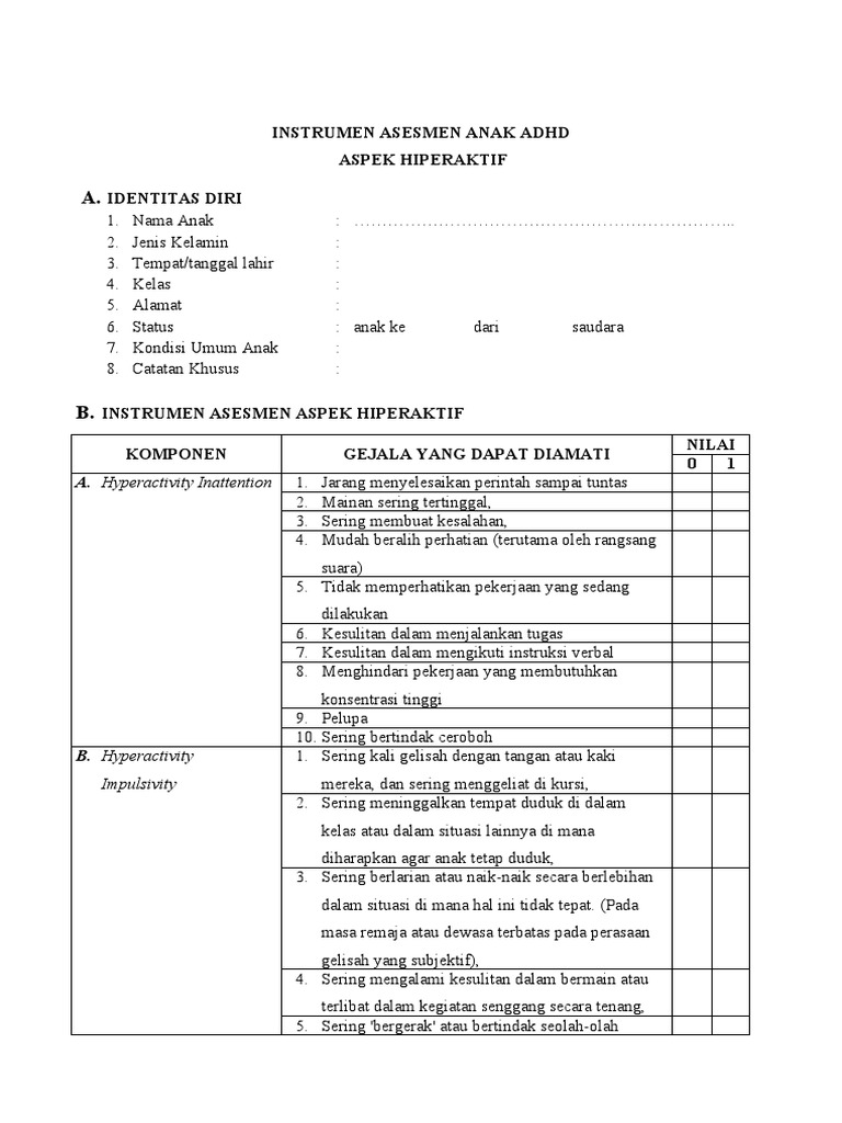 Instrumen Asesmen Anak Adhd | PDF