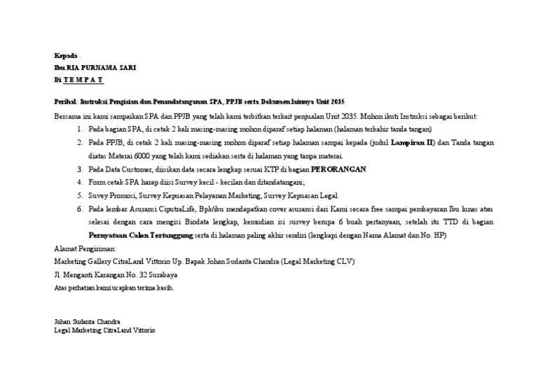Instruksi Tanda Tangan SPA Dan PPJB | PDF
