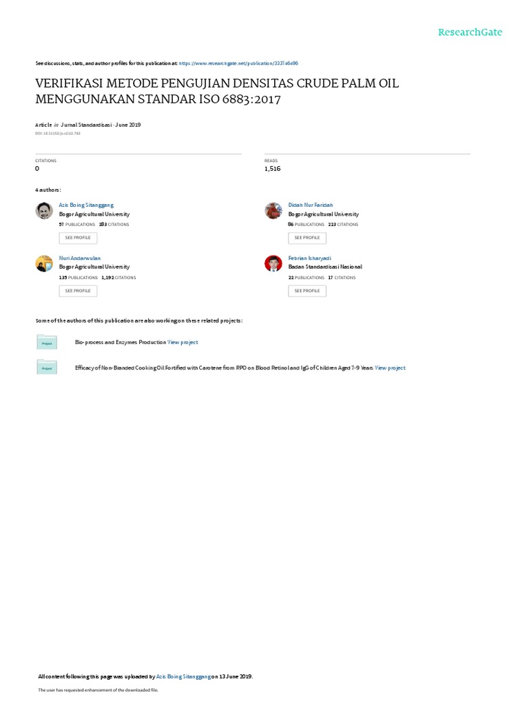 Verifikasi Metode Pengujian Densitas Crude Palm Oil Menggunakan Standar ...