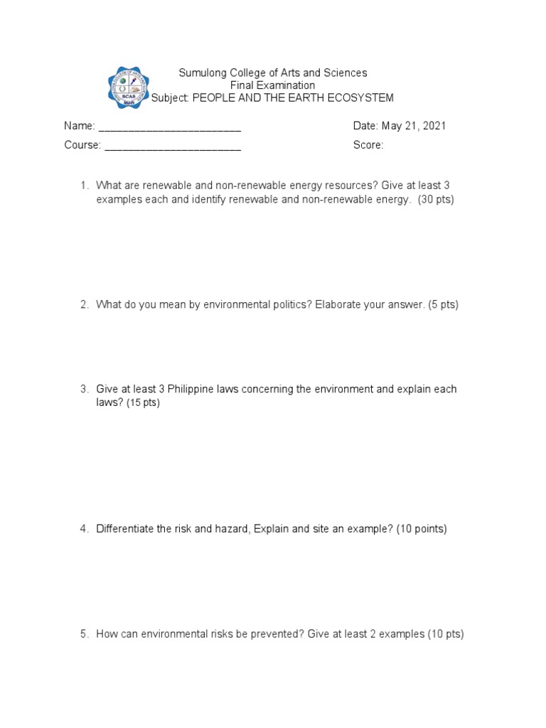 People and Earth Ecosystem Exam Guide | PDF