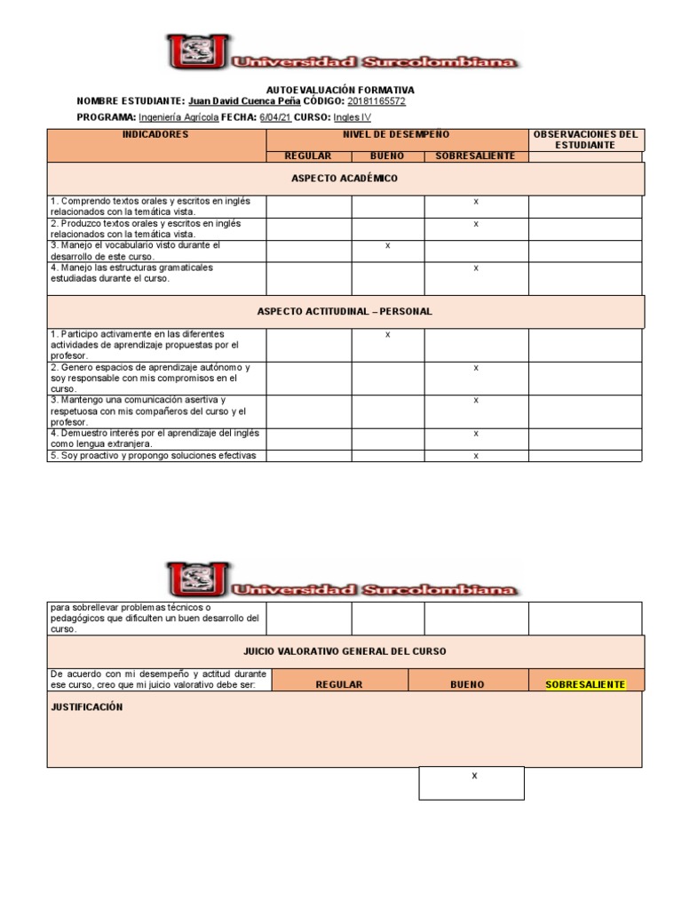 AUTOEVALUACIÓN FORMATIVA - Inglés | PDF