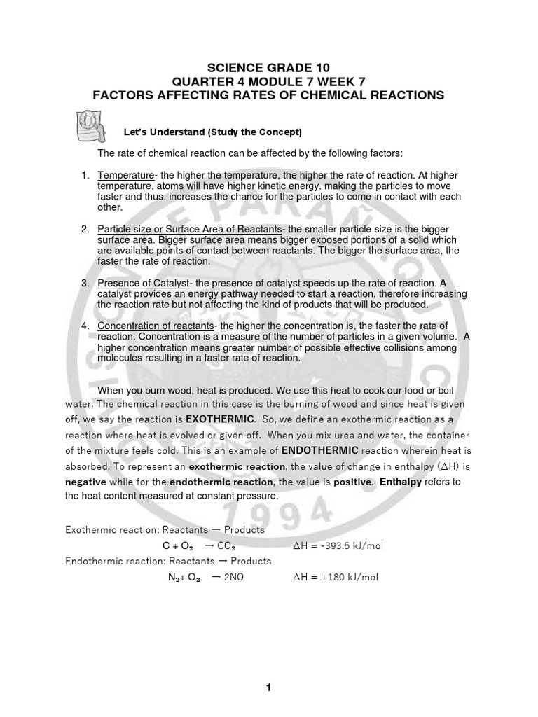 Science Grade 10 Quarter 4 Module 7 Week 7 Factors Affecting Rates of ...