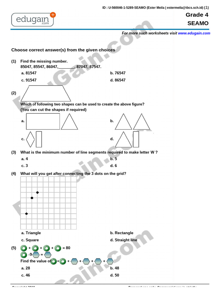 Past Paper Seamo Grade 4 | PDF | Triangle | Elementary Mathematics