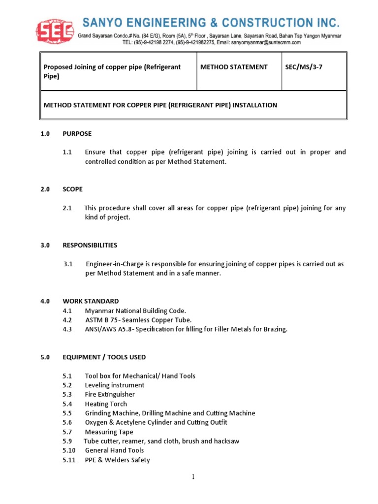 Method of Statement For Joining of Copper Pipes | PDF | Pipe (Fluid ...