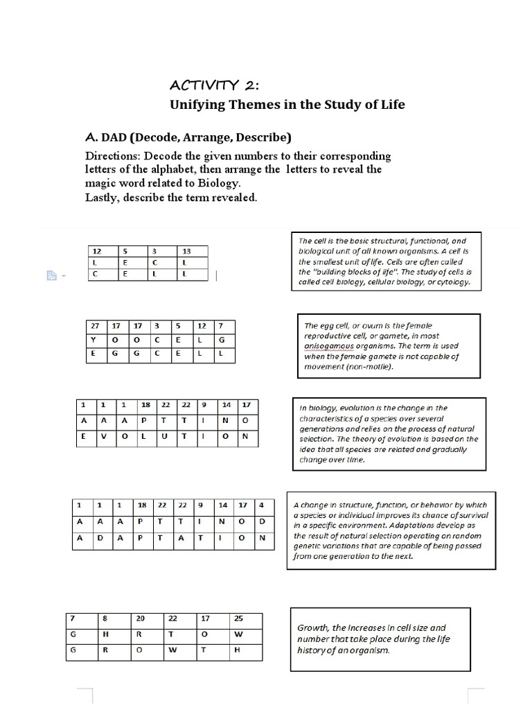 Activity 2: Unifying Themes in The Study of Life: A. DAD (Decode ...