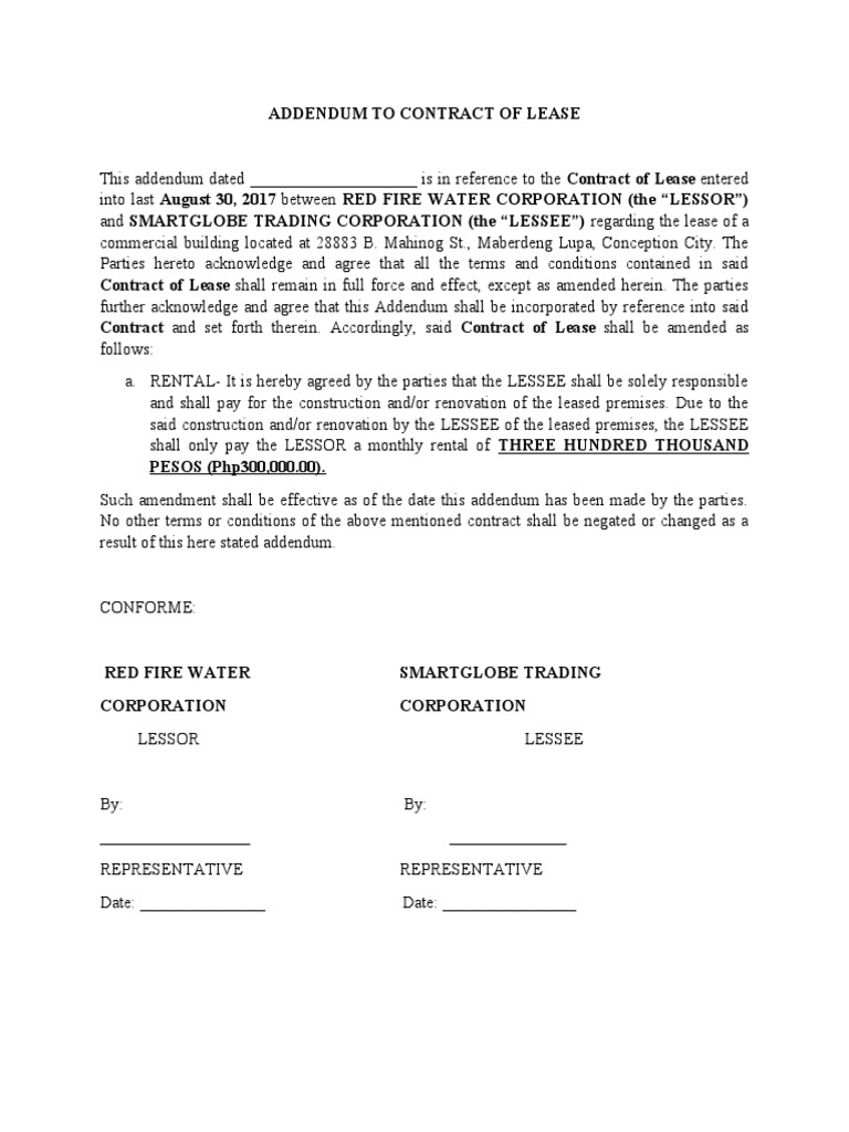 Addendum To Contract of Lease | PDF
