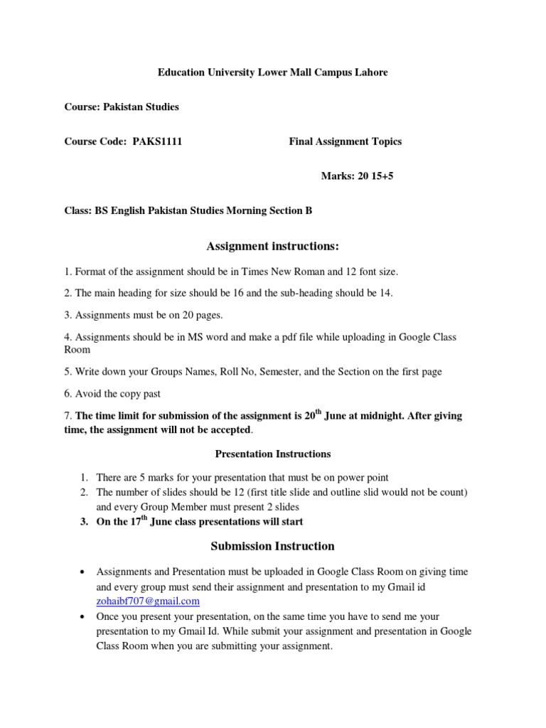 Pakistan Studies Assignment Guidelines | PDF | Politics Of Pakistan | South Asia