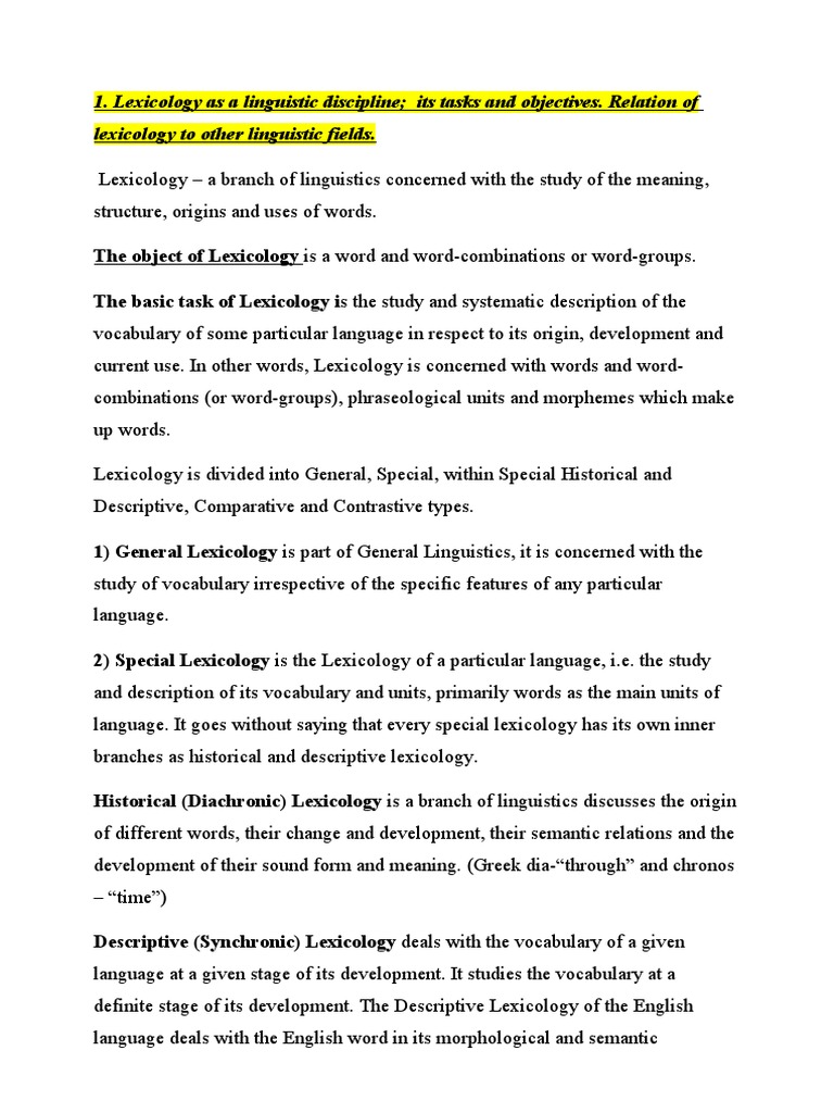 Lexicology As A Linguistic Discipline Its Tasks and Objectives ...