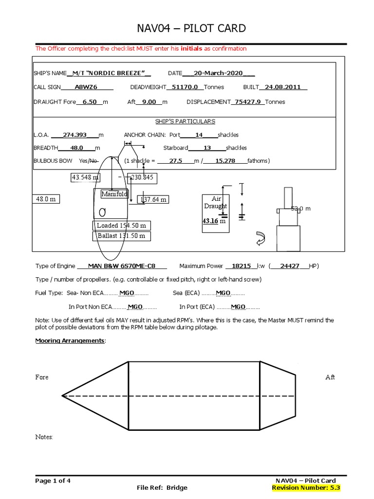 Nav04 - Pilot Card: The Officer Completing The Checklist MUST Enter His ...