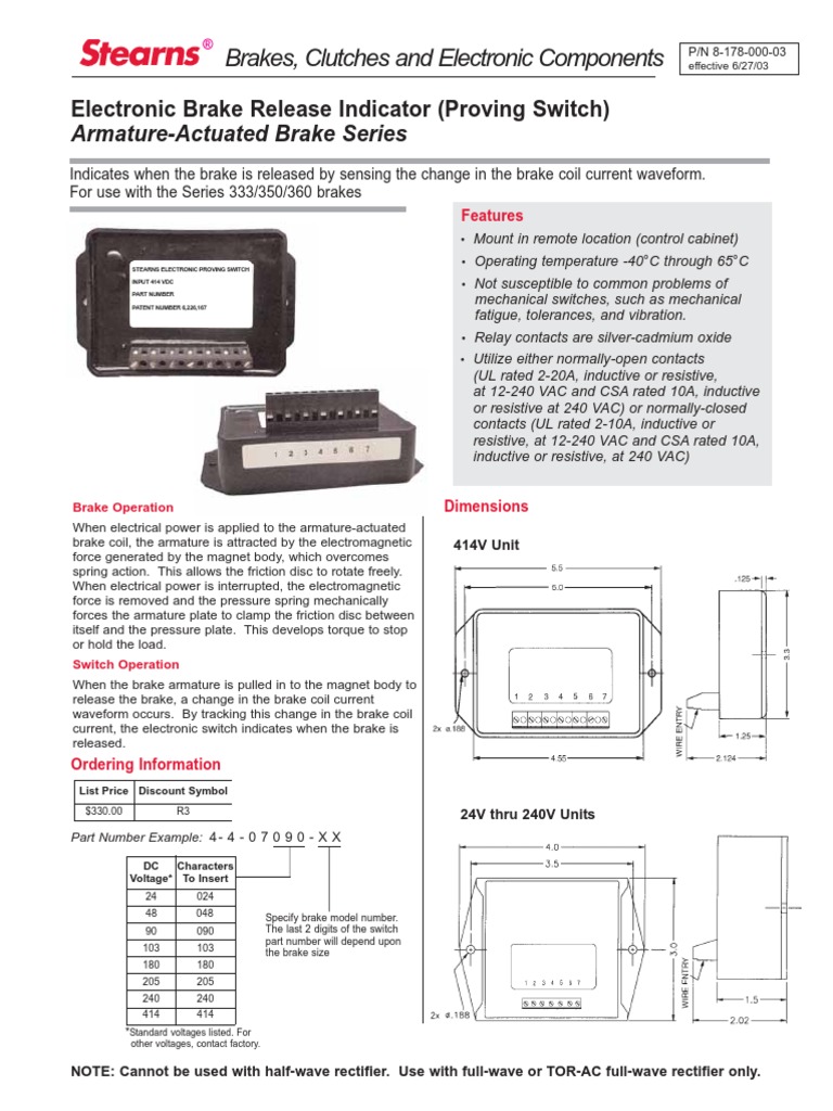 Stearns Electronic Brake Release Indicator (Proving Switch ...