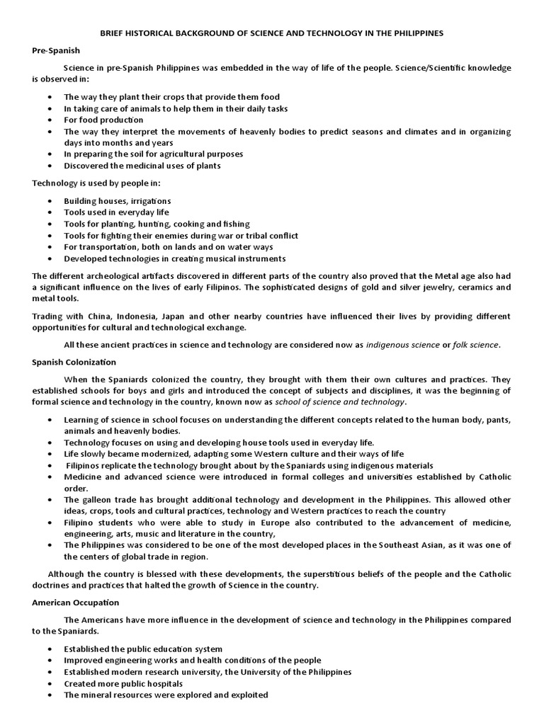 Brief Historical Background of Science and Technology in The ...