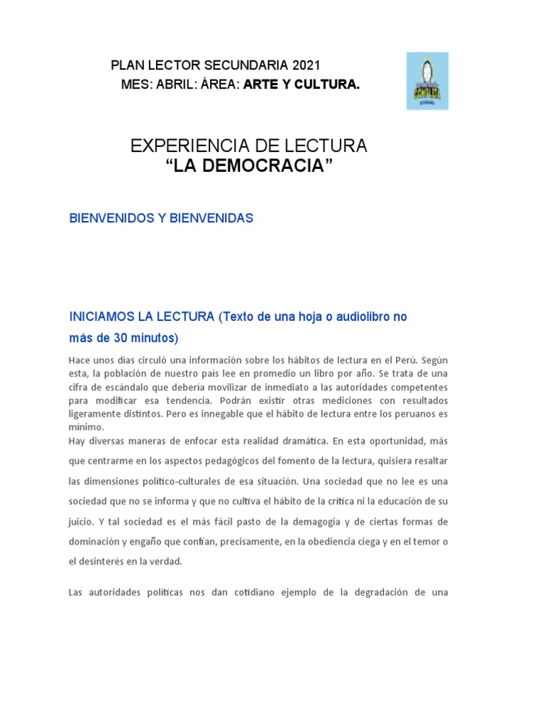 Lectura-Plan Lector - DPCC | Descargar gratis PDF | Democracia | Ideologías políticas
