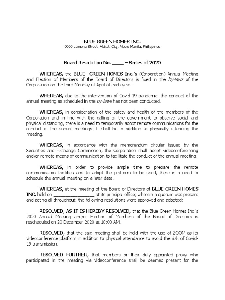 Board Resolution Adopting Videoconference | PDF | Videotelephony ...