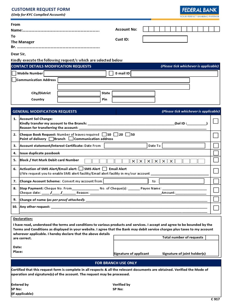 Customer Request Form for KYC Accounts | PDF | Cheque | Payments